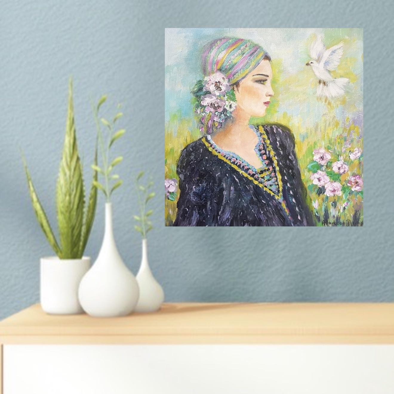 Portrait femme peinture contemporaine tableau carré peint main