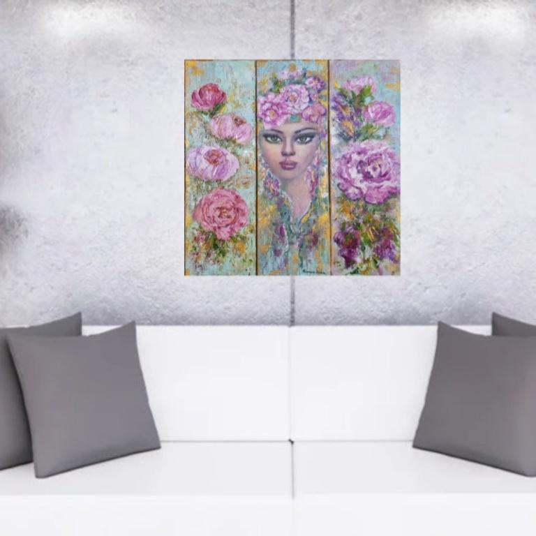 tableau peinture portrait femme fleurs moderne figuratif